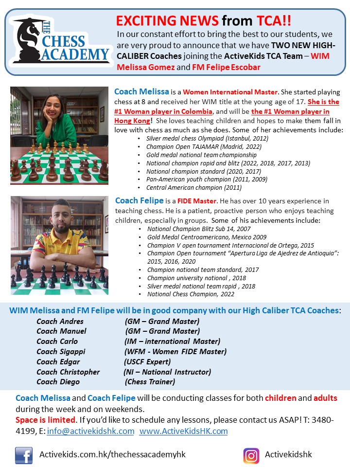 Additional TWO high-caliber Chess coaches joining the ActiveKids TCA ...